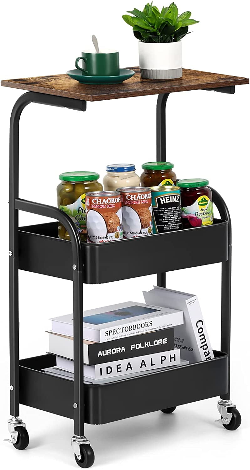 Oumilen 3-Tier Kitchen Rolling 16.54" Storage Cart with Wheels, Wooden ...