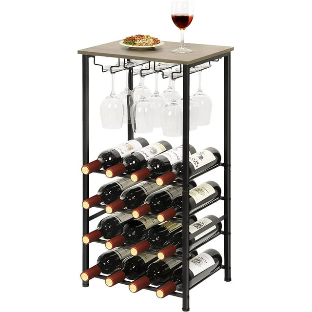 Oumilen Freestanding Wine Bar Rack, Holds 16 Bottles and 9 Glasses ...