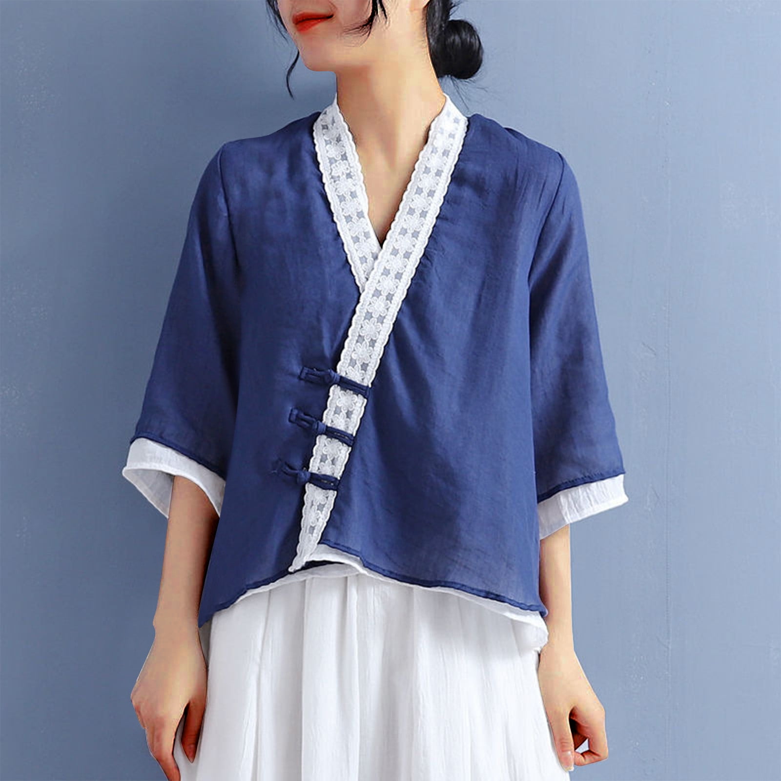 Ounisa Hanfu Cotton Linen Loose Blouse 3/4 Sleeve V Neckline Chinese ...