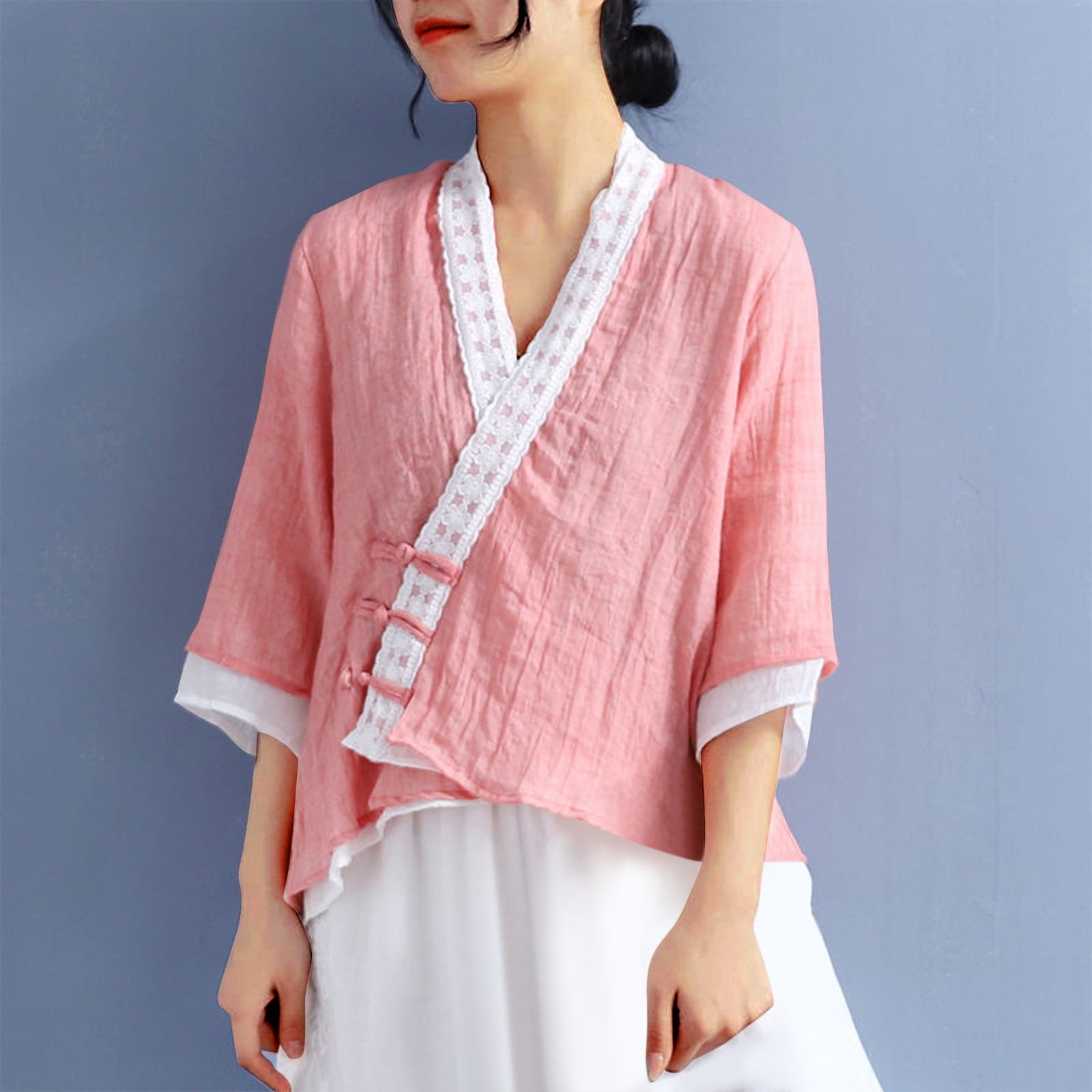 Ounisa Hanfu Cotton Linen Loose Blouse 3/4 Sleeve V Neckline Chinese ...