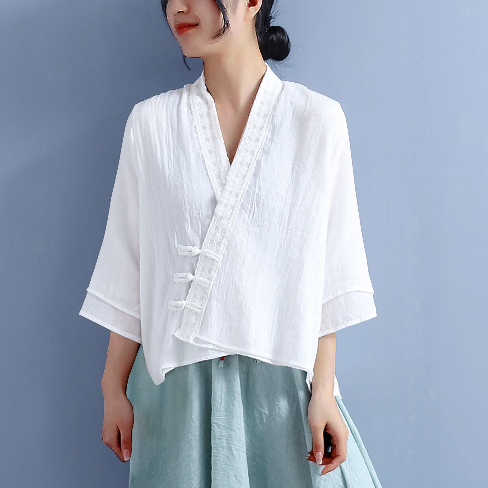 Ounisa Hanfu Cotton Linen Loose Blouse 3/4 Sleeve V Neckline Chinese ...