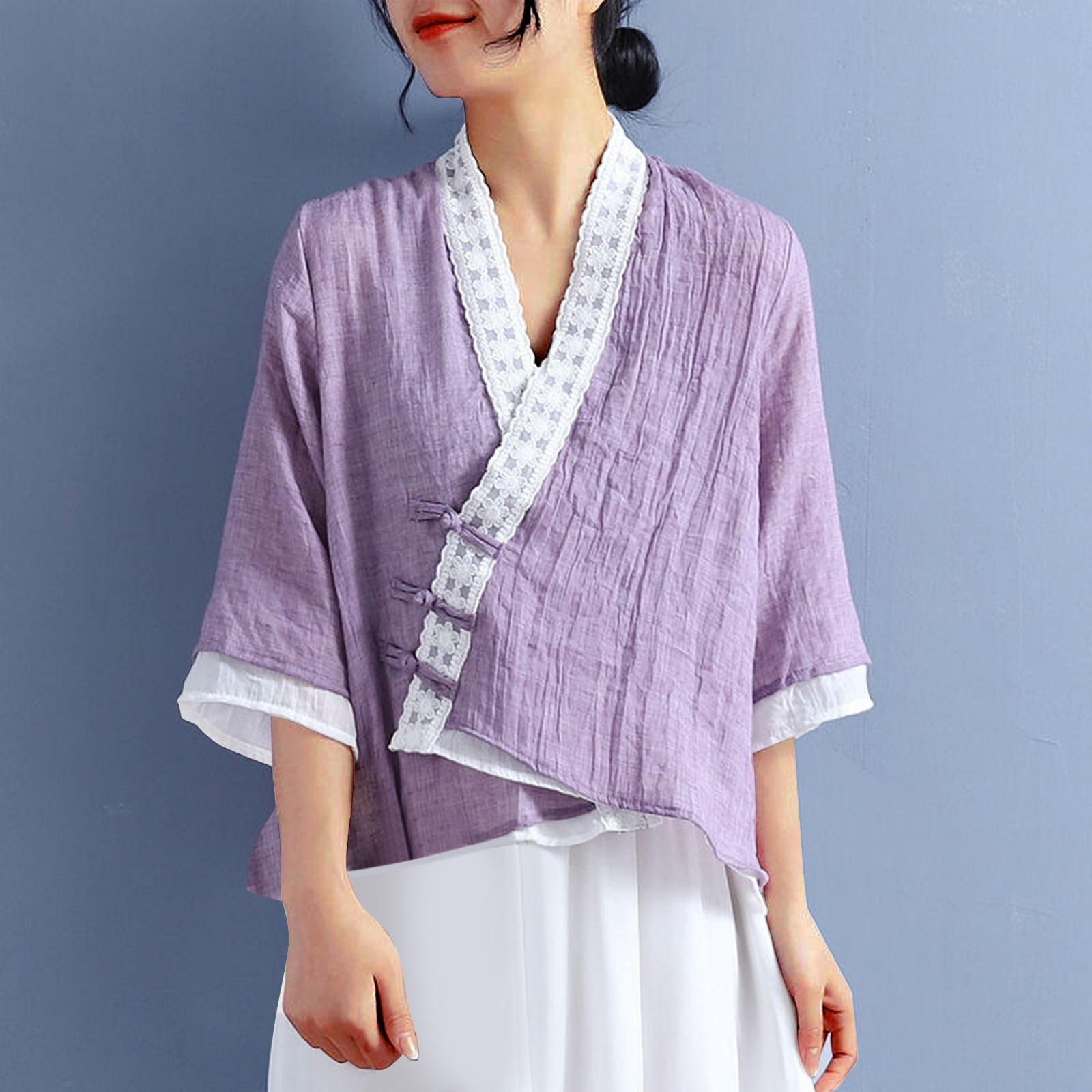 Ounisa Hanfu Cotton Linen Loose Blouse 3/4 Sleeve V Neckline Chinese ...
