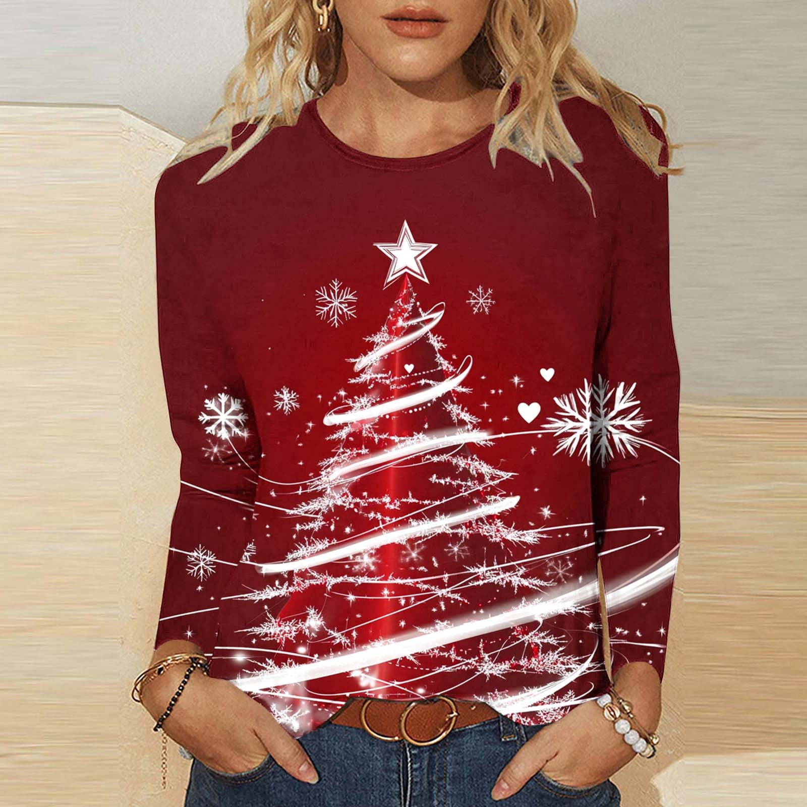 Ounisa Long Sleeve Womens Tops Casual Loose Fit Crewneck T Shirts Solid ...