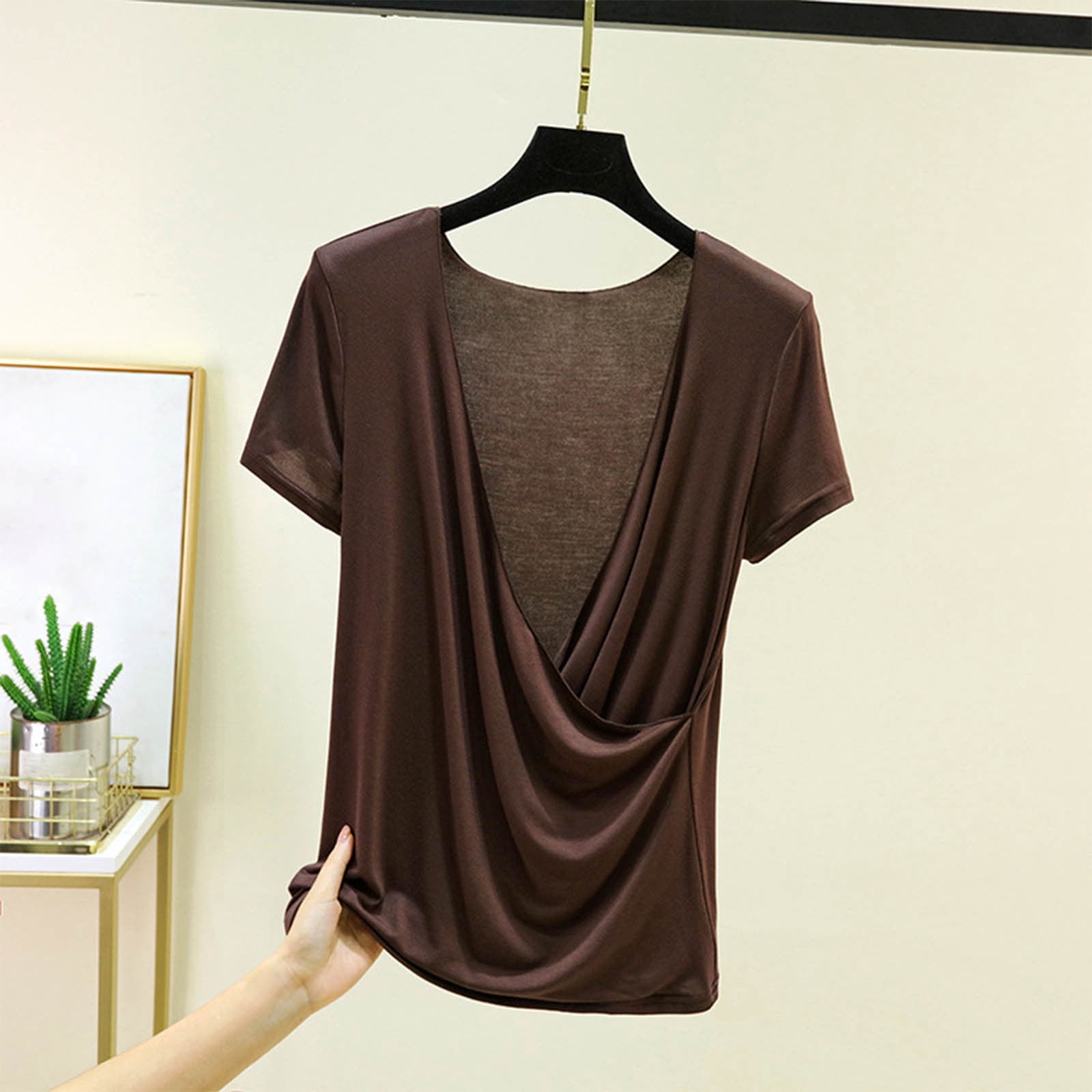 Ounisa Women's Casual Fashion Solid Color Deep V-Neck Pullover Short ...