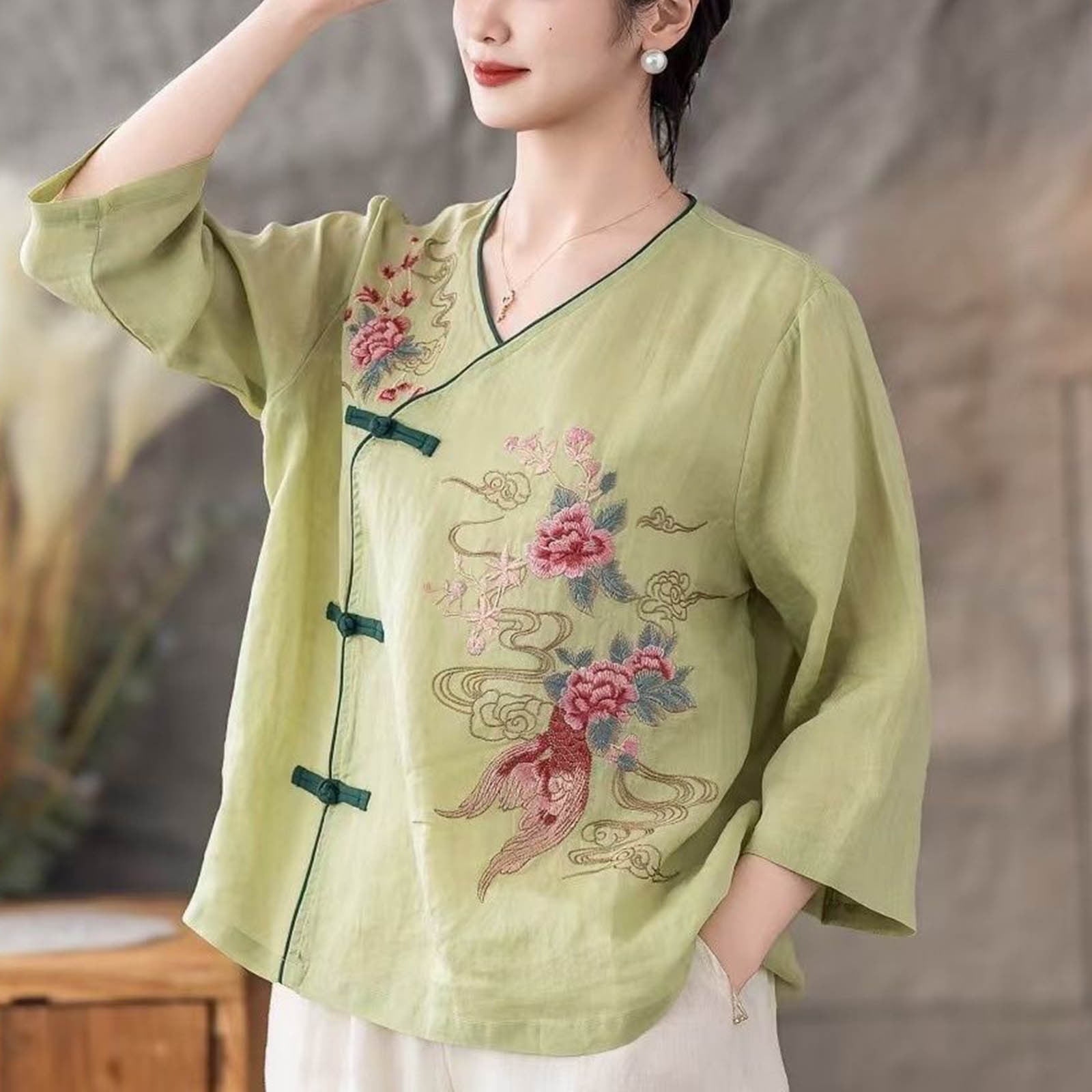 Ounisa Women's Cotton Linen Retro Chinese Frog Button Tops Short Sleeve ...