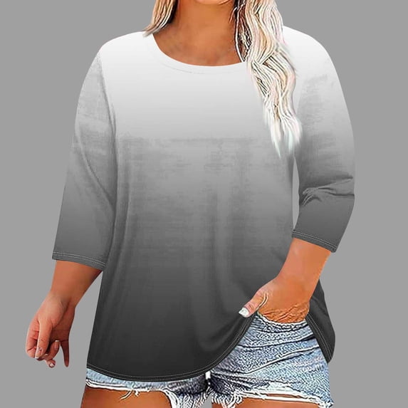 Ounisa Women's Plus Size Tops 3/4 Sleeve Crew Neck T Shirts Loose Fit ...