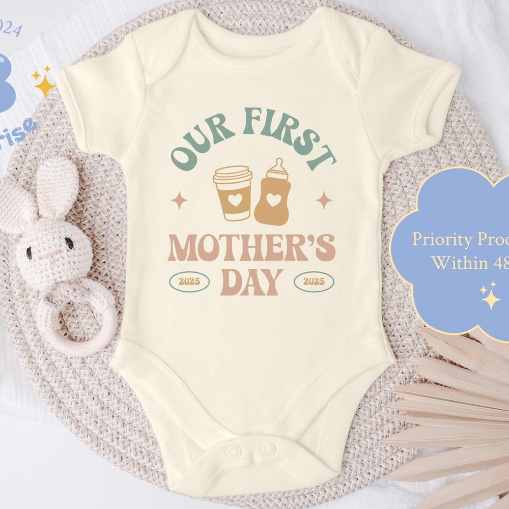 Our First Mother'S Day Bodysuit 2025, Coffee & Bottle Design, Boho Baby ...