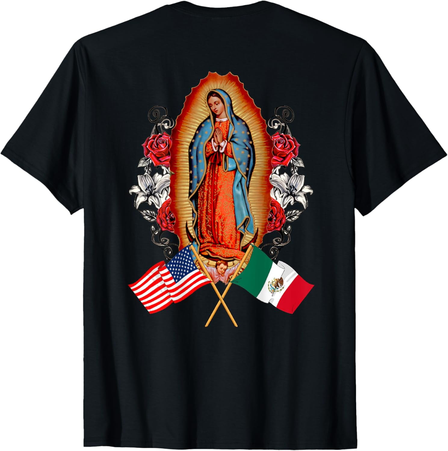 Our Lady Virgen De Guadalupe Mexican American Flag T-Shirtmen and women ...