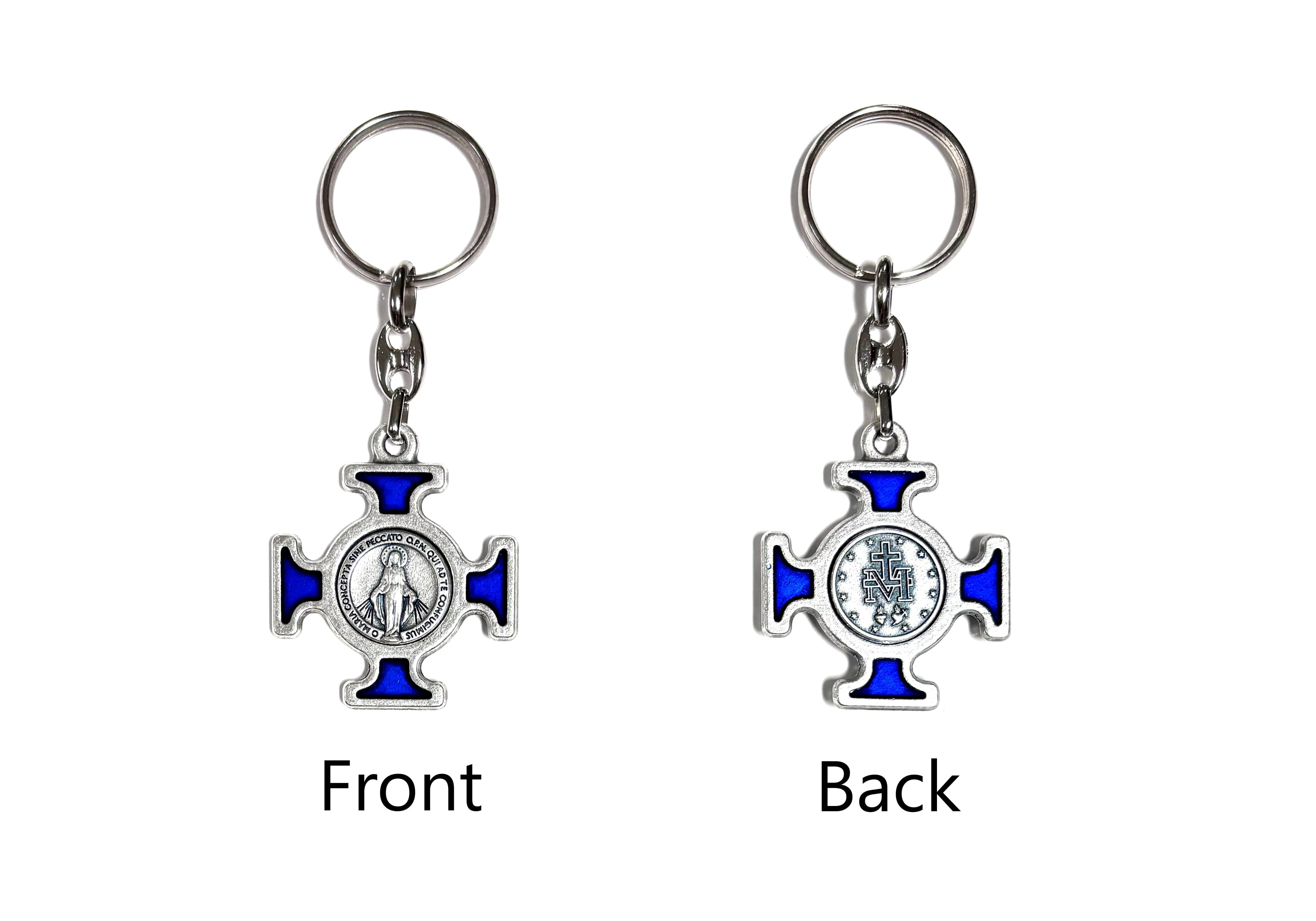 Our Lady of Grace and Miraculous medal blue enamel cross keychain ...