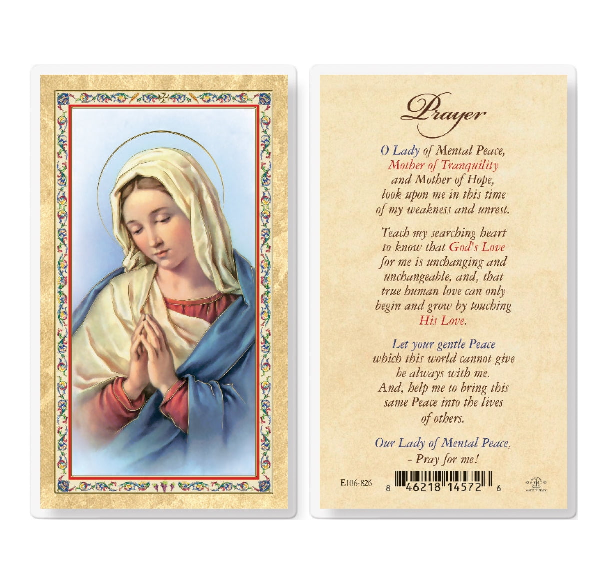Our Lady of Mental Peace - BVM Gold-Stamped Laminated Catholic Prayer Holy Card with Prayer on ...