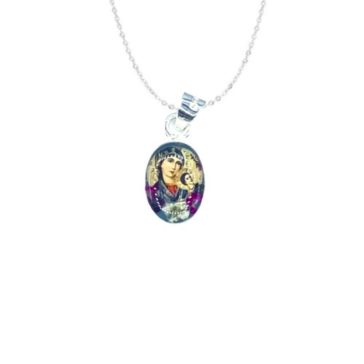 Our Lady of Perpetual Help Mini Oval Pendant w/ Pressed Flowers 18-inch ...