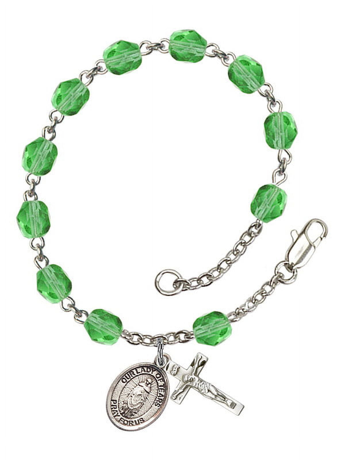 Our Lady of Tears Silver Plate Rosary Bracelet 6mm August Green Fire ...