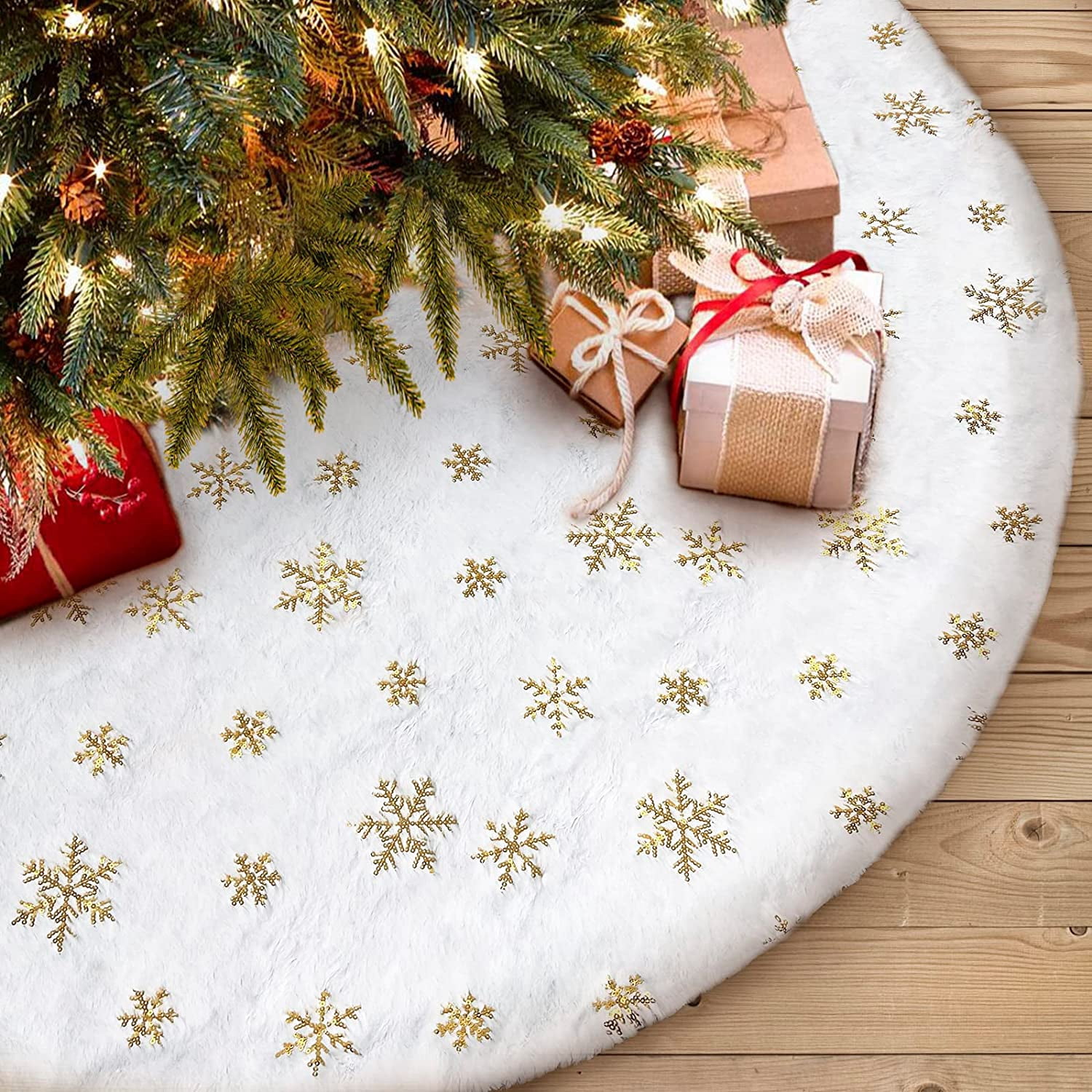 OurWarm 48 Inches Christmas Tree Skirt, White Luxury Faux Fur Tree ...