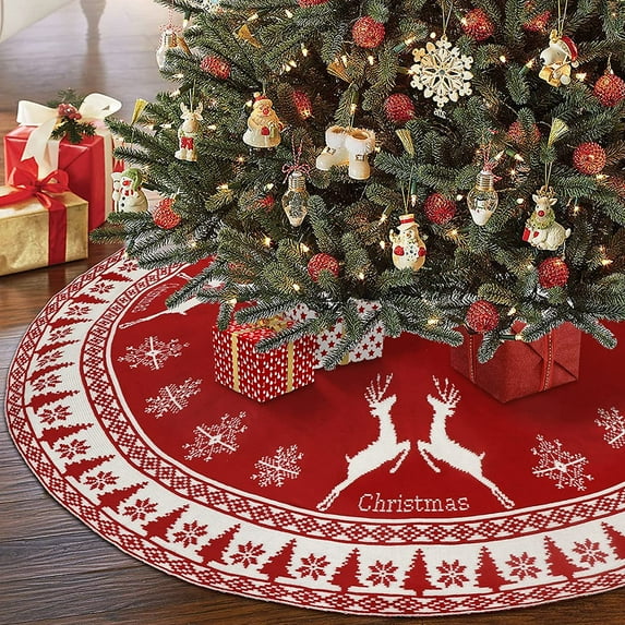 OurWarm Christmas Tree Skirt, 48 Inch Red Knitted, Double-Sided with ...