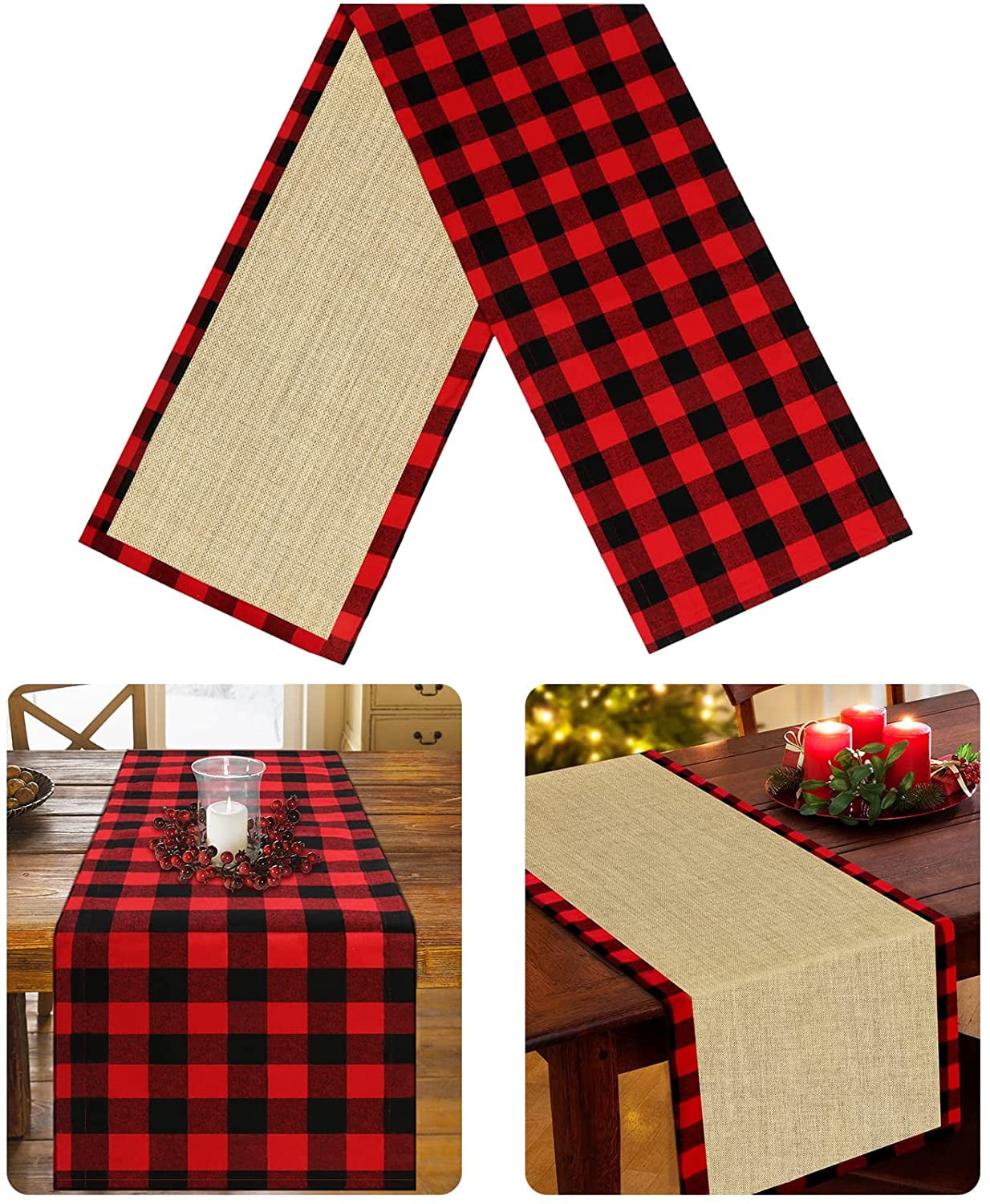 OurWarm Cotton Burlap Buffalo Plaid Table Runner, Christmas Reversible ...