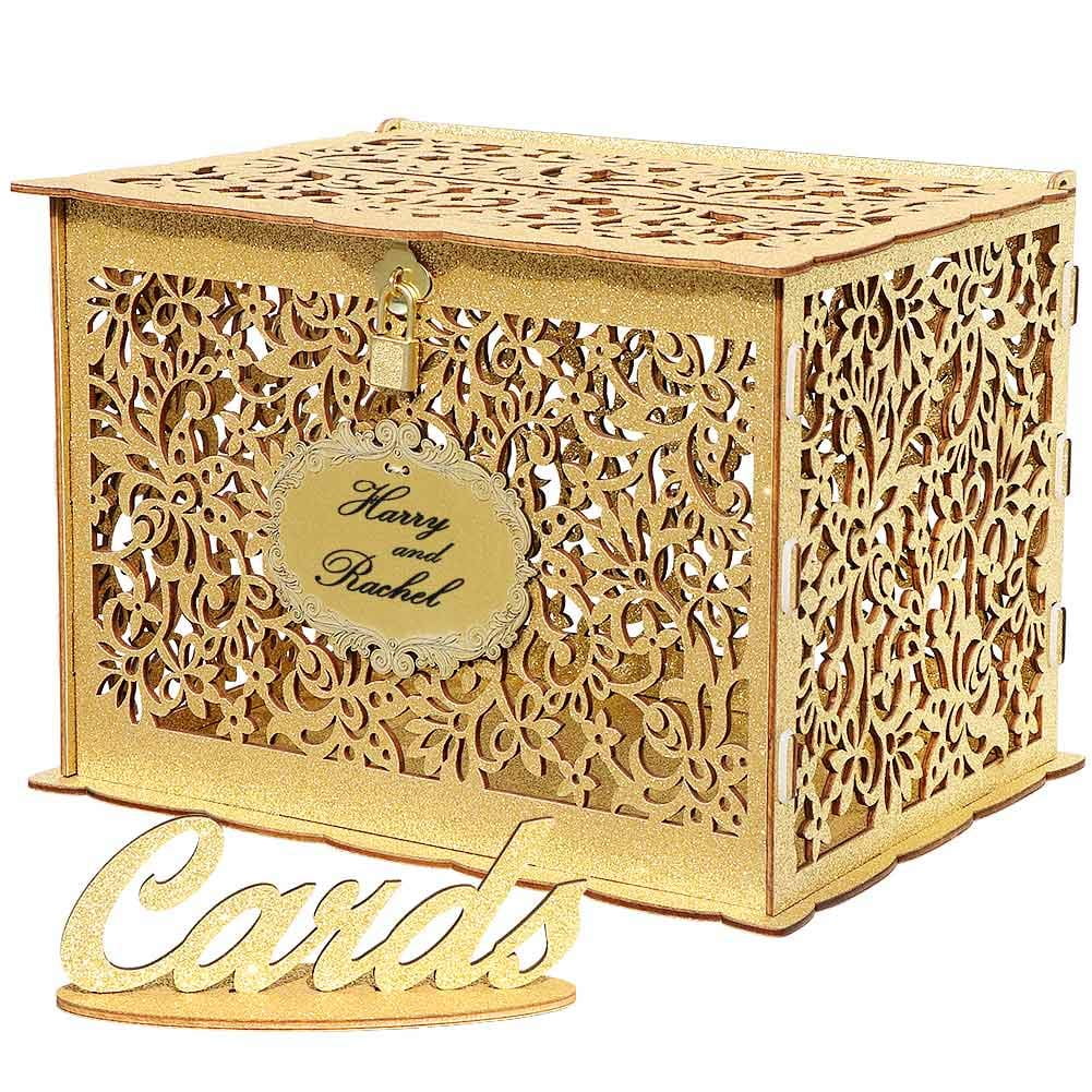 OurWarm Glittery Gold Wedding Card Box with Lock, Gift Card Box for ...