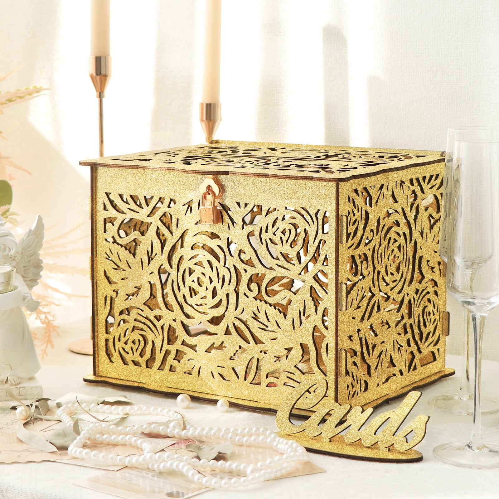 OurWarm Glittery Gold Wedding Card Box with Lock, Wood Gift Card Box ...