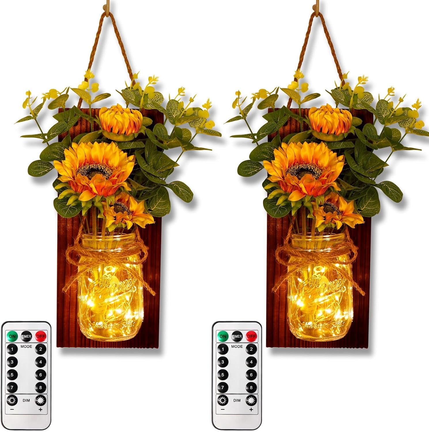 OurWarm Sunflower Mason Jar Sconces Wall Decor Set of 2 Rustic Handmade Hanging Jars with LED ...