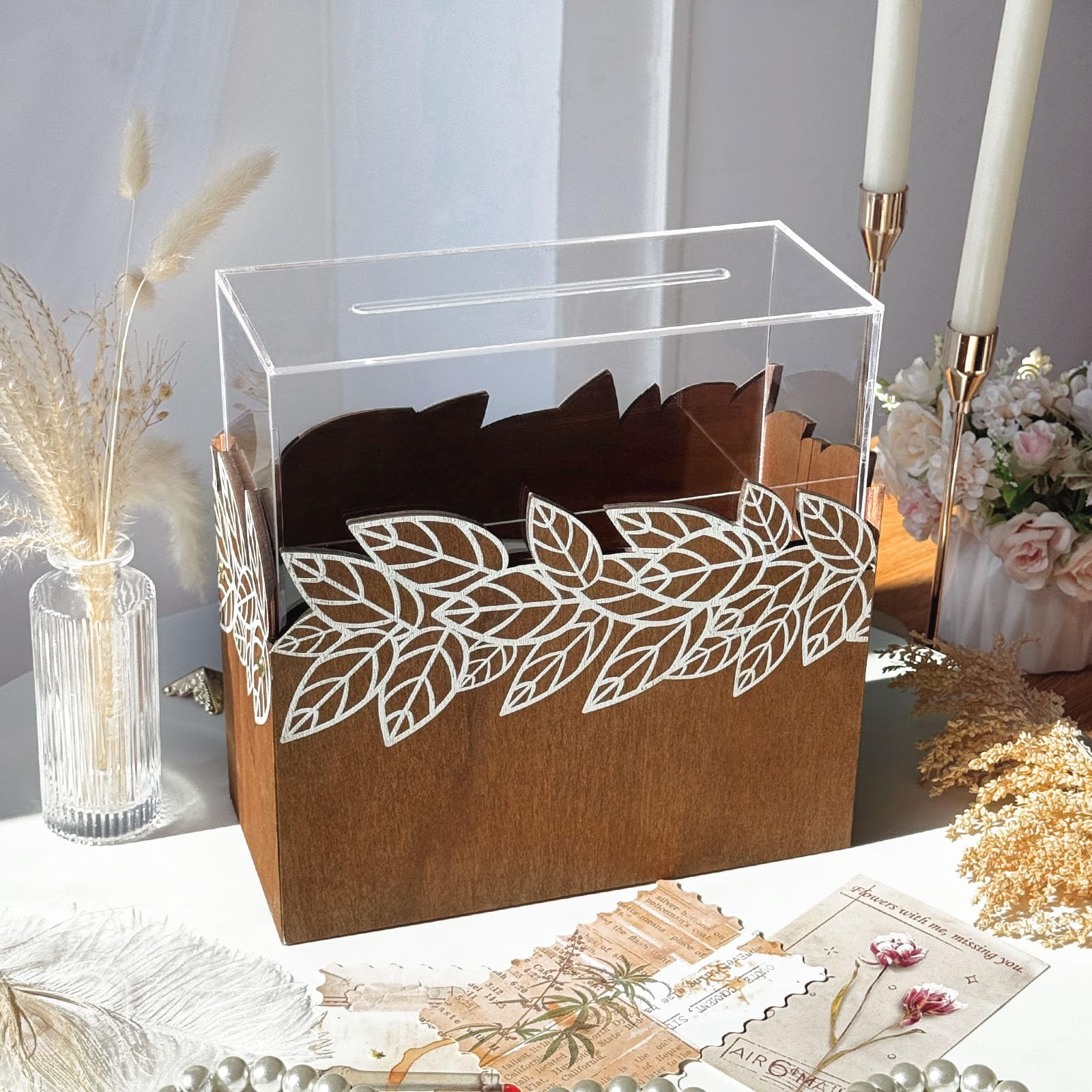OurWarm Wooden Wedding Card Box with Acrylic Window, Money Envelope ...