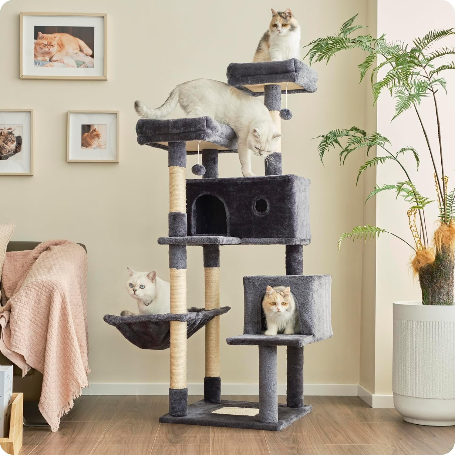 Ouritsu Cat Tree, 57 inch Cat Tower for Large Cat Indoor, 2 Top Perches ...