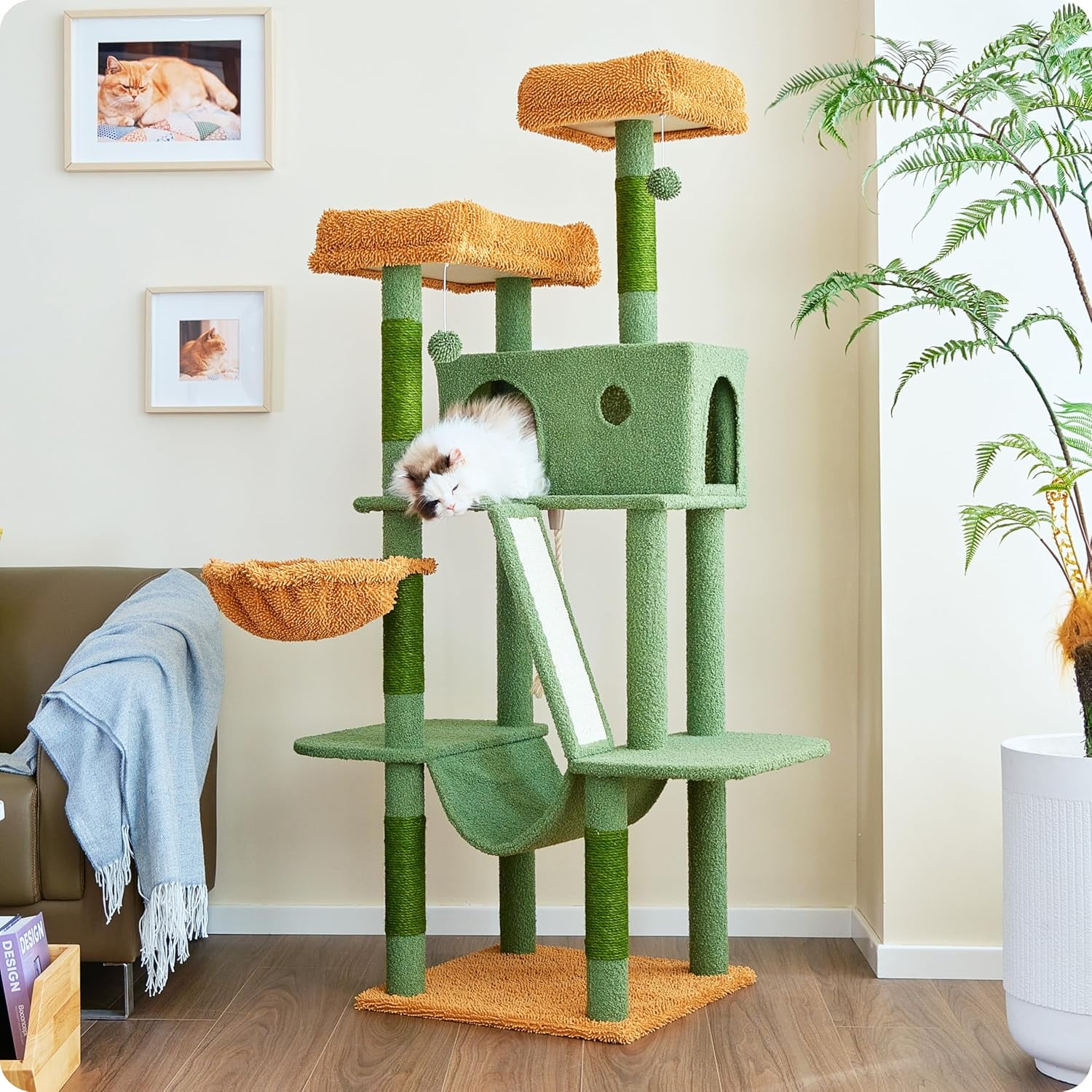 Ouritsu Cat Tree, 61 inch Tall Cat Tower for Large Cat Indoor, Enlarged Condo, 2 Padded Perches ...
