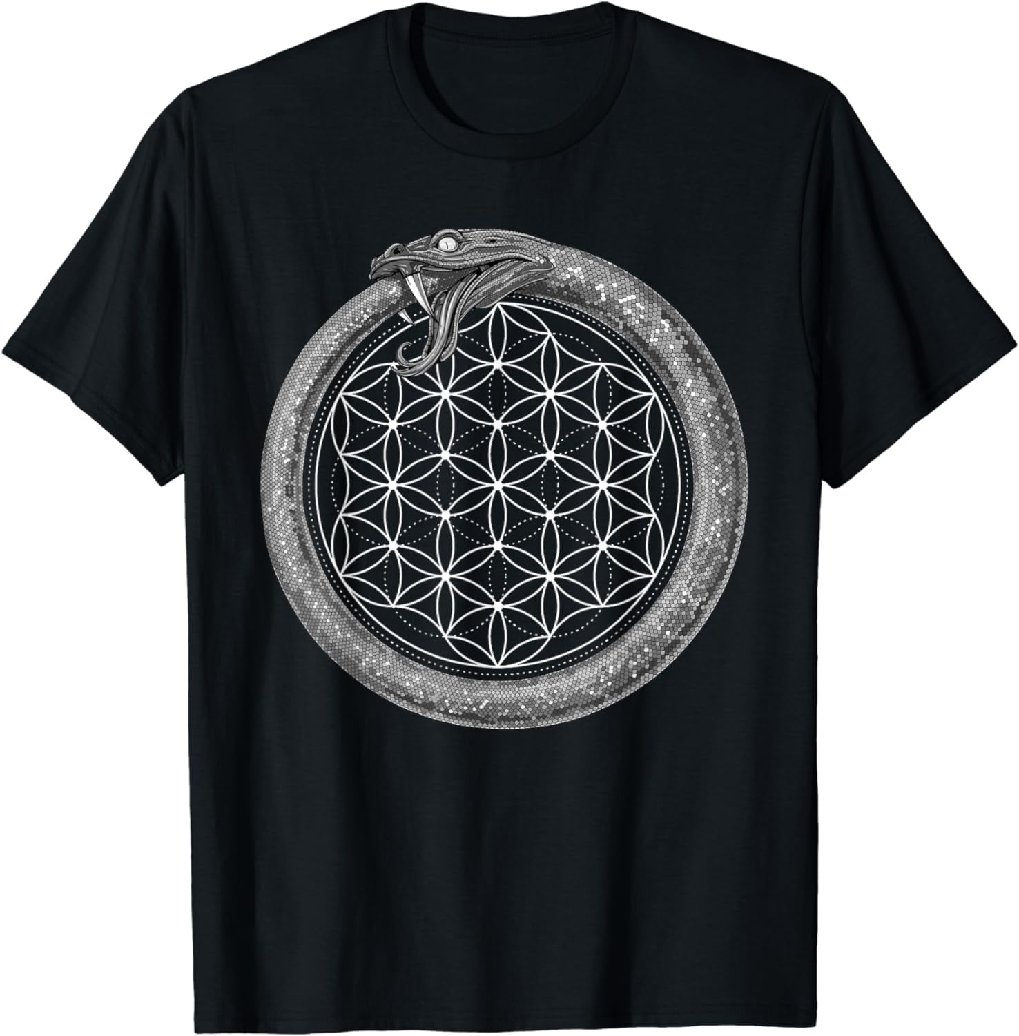 Ouroboros Snake Occult Sacred Geometry Flower Of Life Symbol T-Shirt ...
