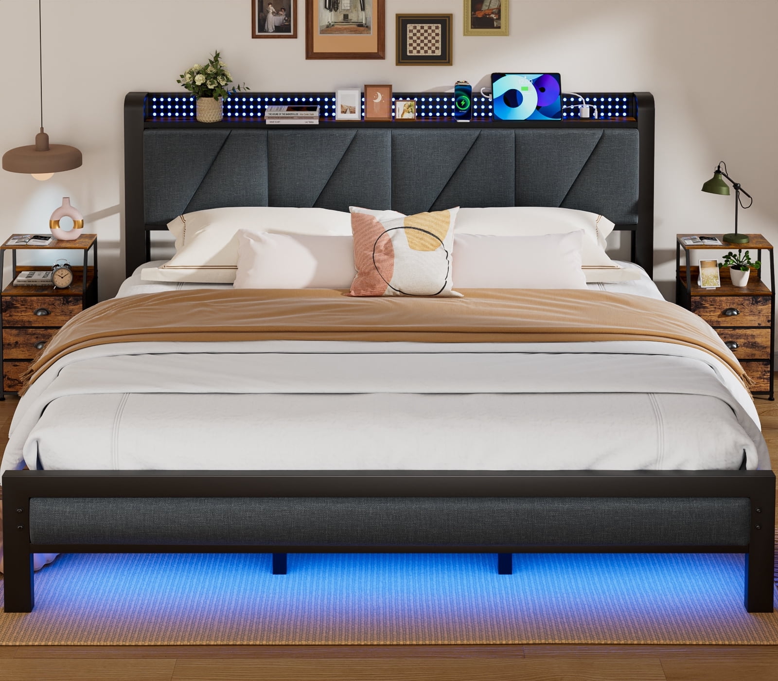 Ourpic King Bed Frame with LED Lights, Upholstered Platform Bed Frame ...