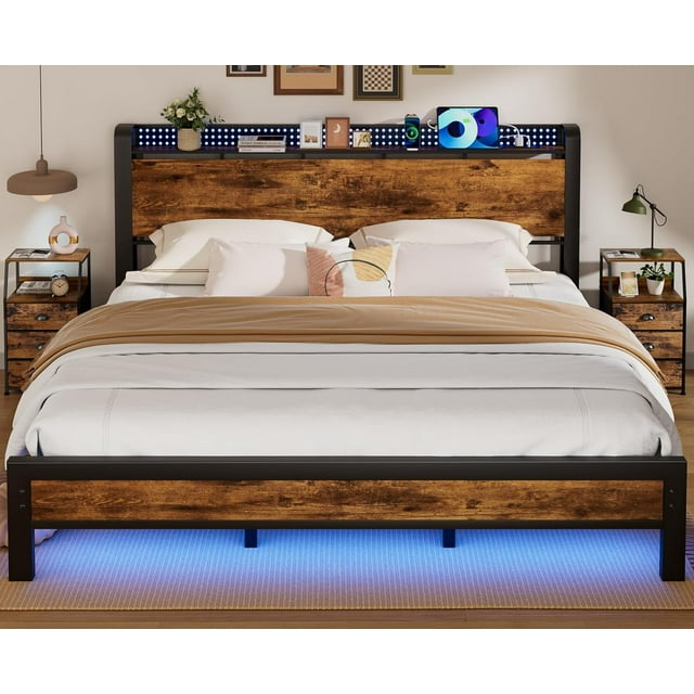 Ourpic Queen Bed Frame with LED Lights, Storage Headboard with Charging ...