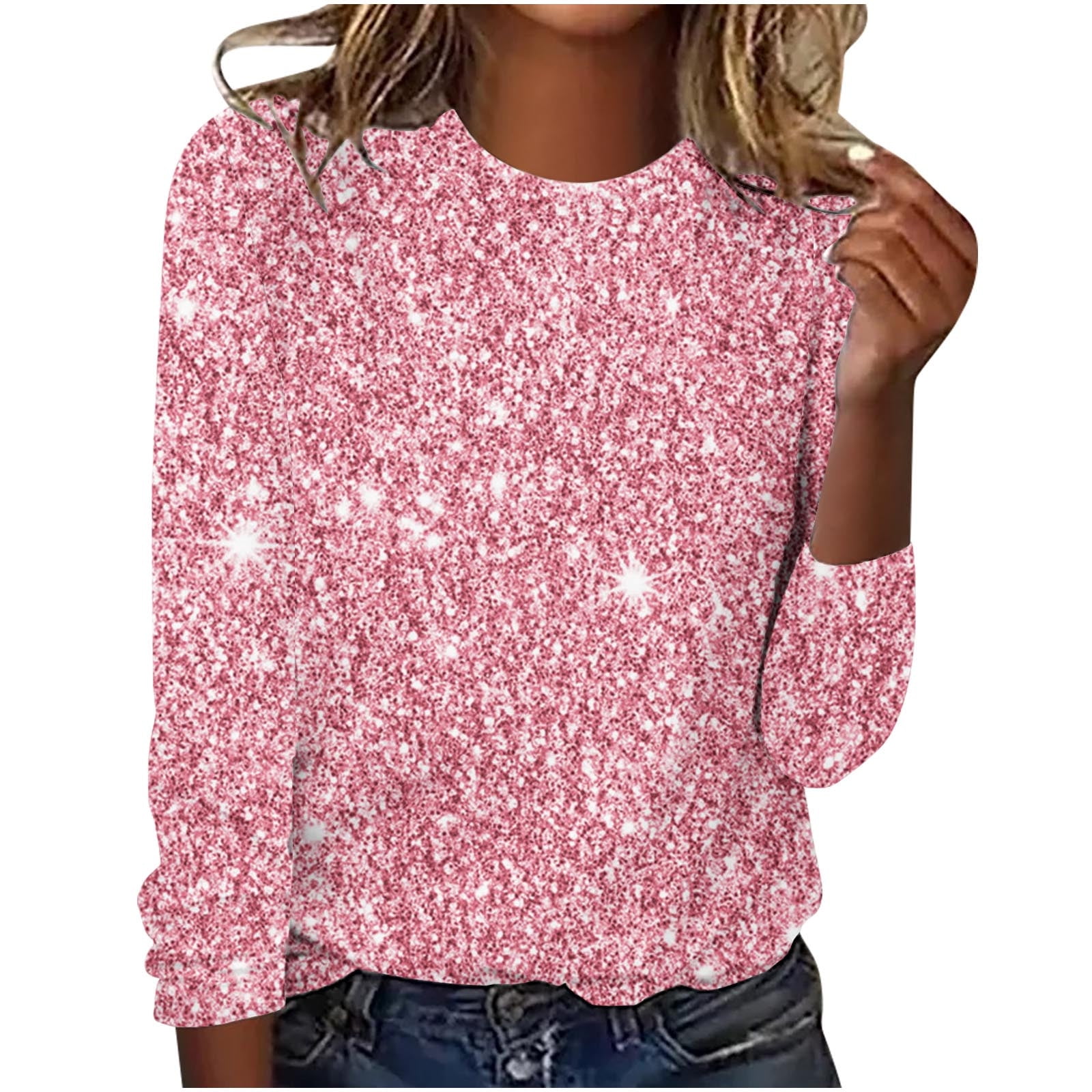 Ousvtion Long Sleeve Sequin Shirt for Women Round Neck Pullover Glitter ...