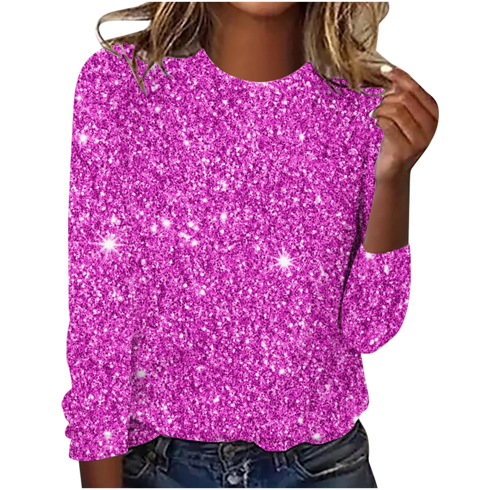Ousvtion Long Sleeve Sequin Shirt for Women Round Neck Pullover Glitter ...