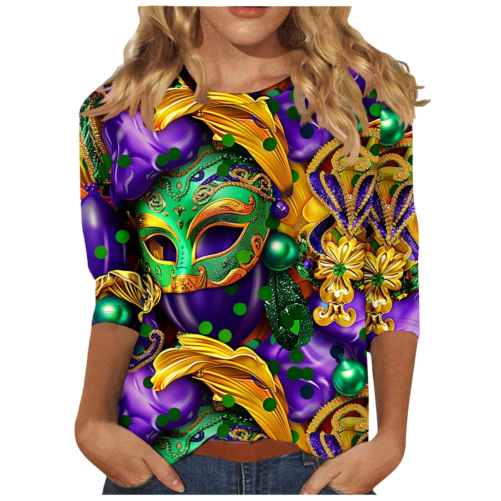 Ousvtion Mardi Gras Shirts for Women Trendy Mask Graphic Tees 3/4 ...