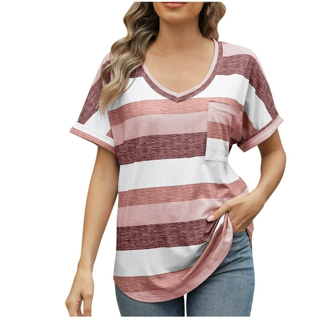 Ousvtion Saving Color Block Shirts Women V Neck Tunic Tops Short Sleeve ...