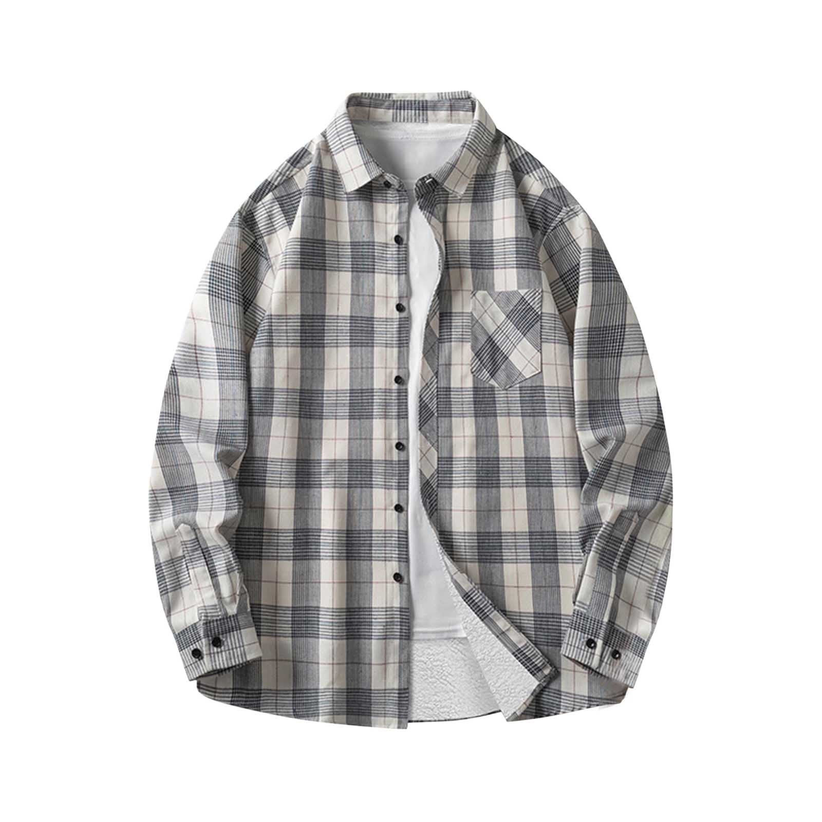 Ousvtion Saving Plus Size Men Fleece Lined Fannel Jacket Sherpa Plaid ...