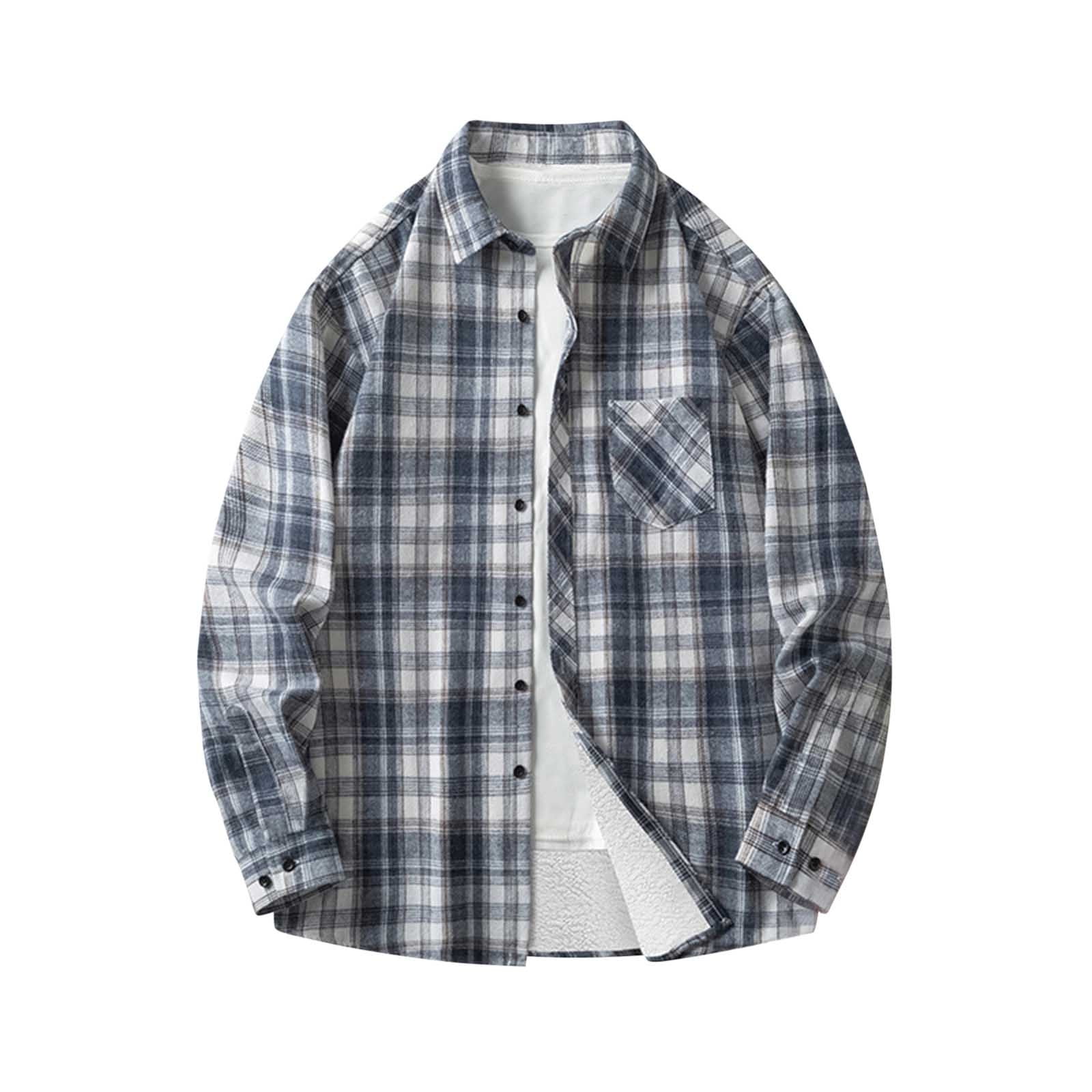 Ousvtion Saving Plus Size Men Fleece Lined Fannel Jacket Sherpa Plaid ...