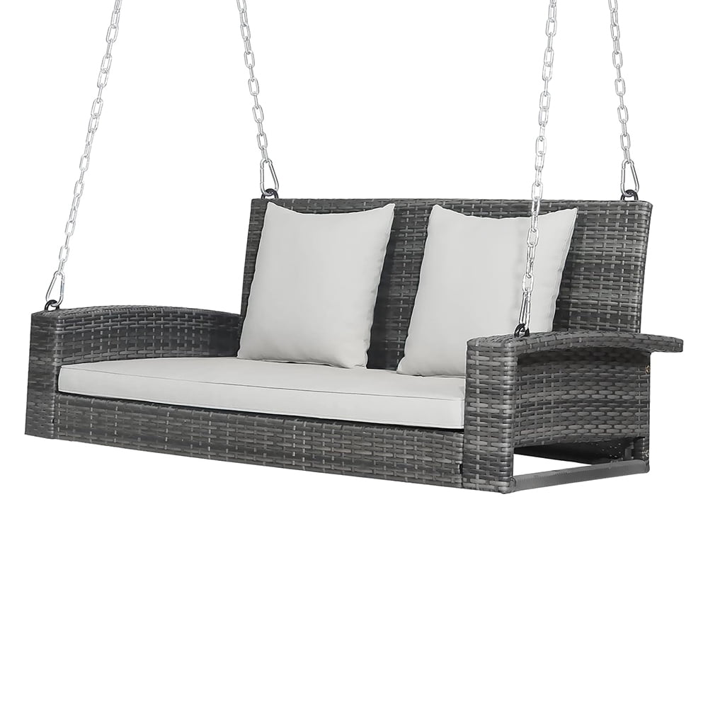 Outdoor 2-Person Hanging Swing Bench,Wicker Porch Swing Bench, Patio Rattan Hanging Swing with ...