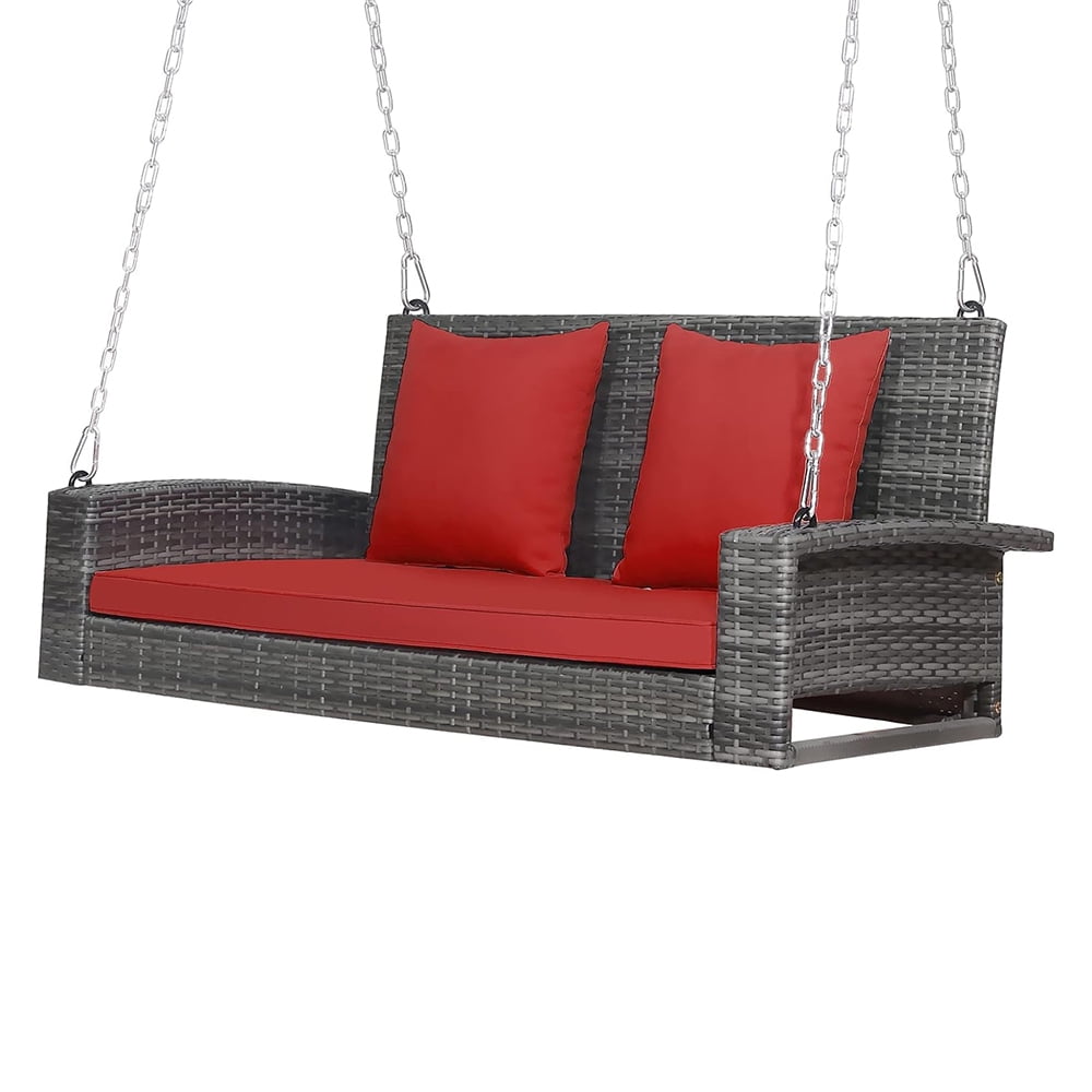 Outdoor 2-Person Hanging Swing Bench,Wicker Porch Swing Bench, Patio Rattan Hanging Swing with ...