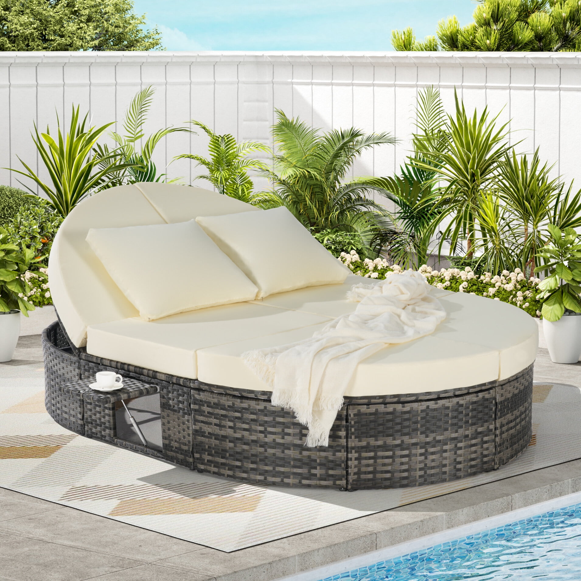 Outdoor 2-Person Sun Bed with Foldable Cup Trays, PE Rattan Garden ...