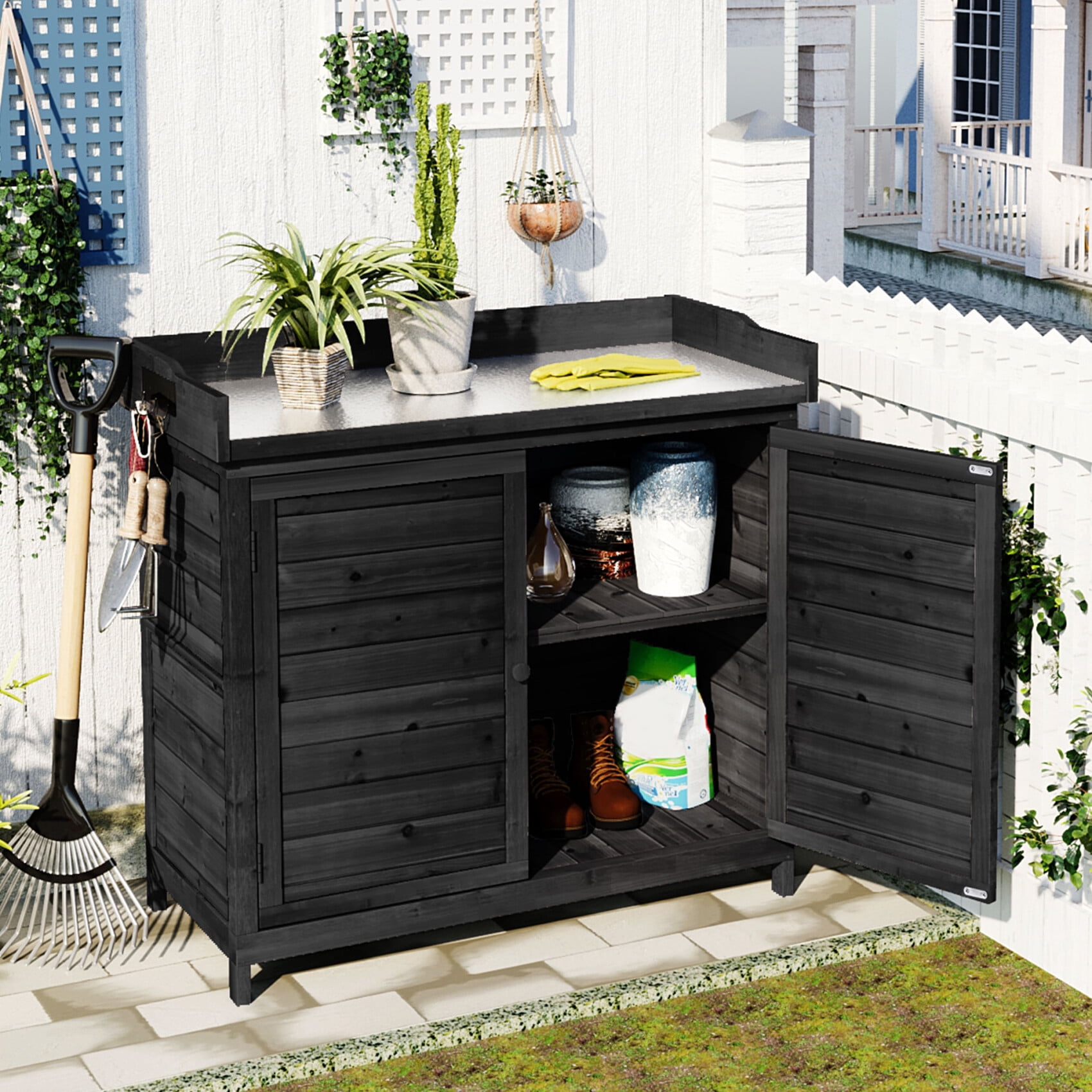 Outdoor 39" Potting Bench Table, Rustic Garden Wood Workstation Storage ...