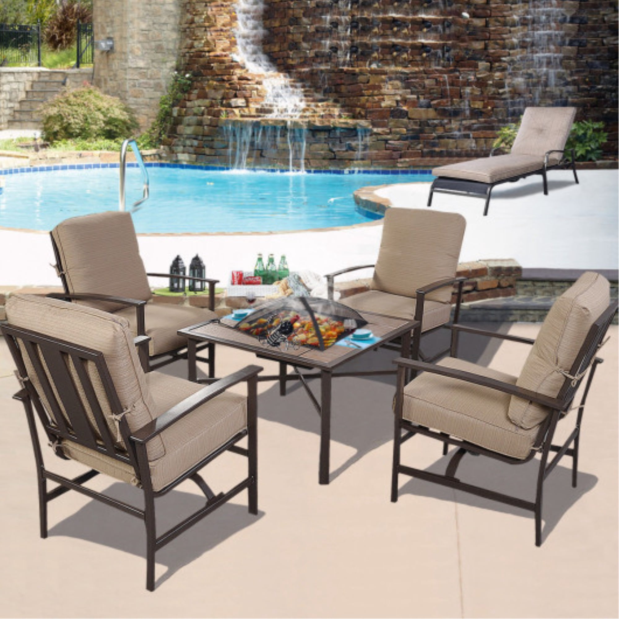 Outdoor 5-Piece Cushioned Chair Set with BBQ Stove - Durable Rattan ...