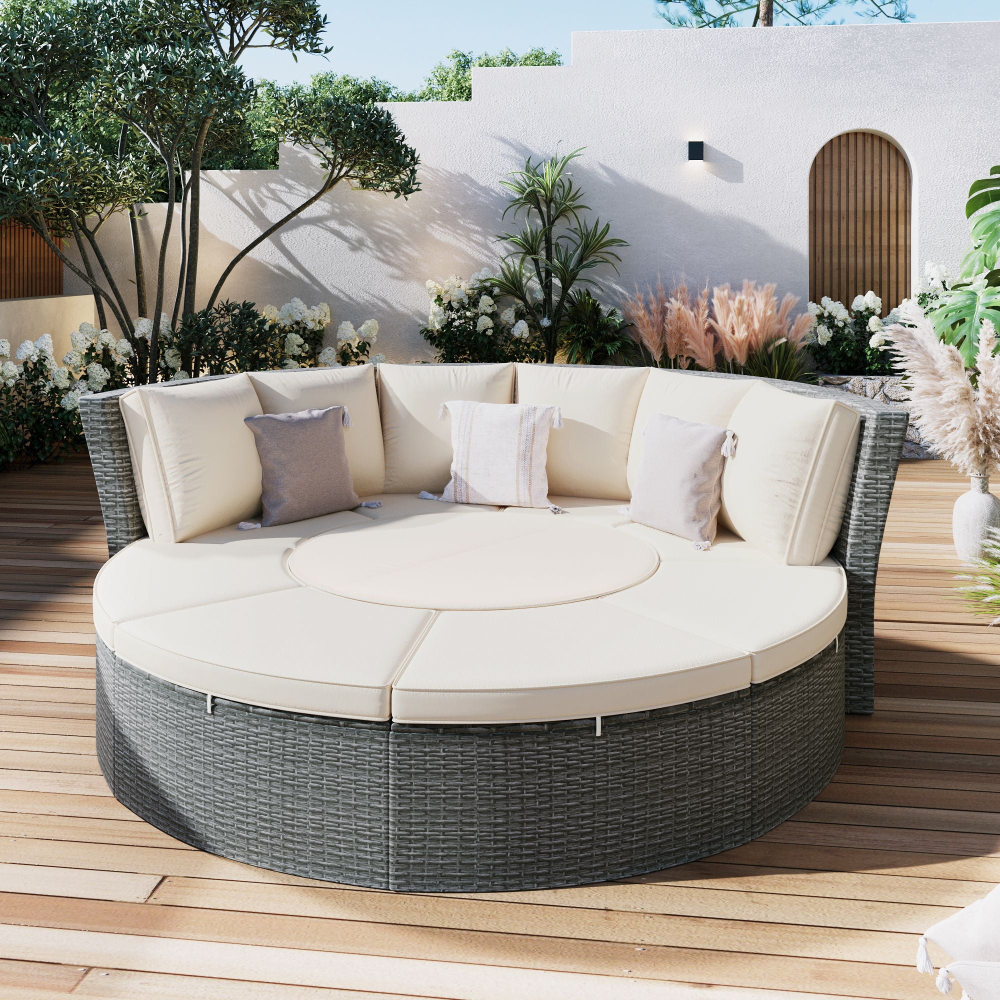 Outdoor 5-Piece Round Sectional Furniture Set with Round Coffee Table ...