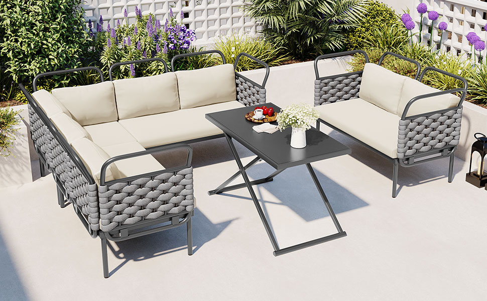 Outdoor 5-Piece Woven Rope Furniture Set, Patio Sectional Conversation ...