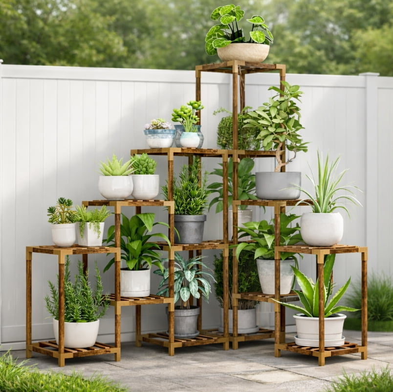 Outdoor 7-Tier Wooden Plant Stand for Patio, Garden & Balcony, Multi ...