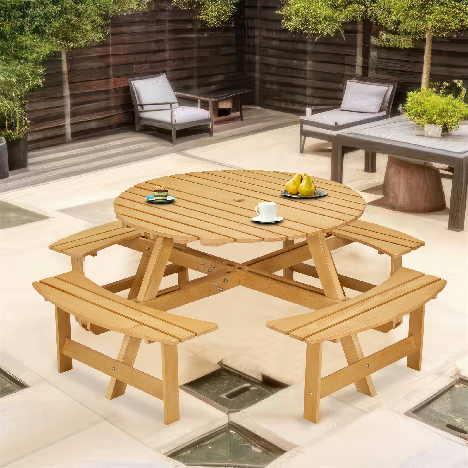 Outdoor 8 Person Picnic Table, Wooden Round Picnic Table with 4 Built ...
