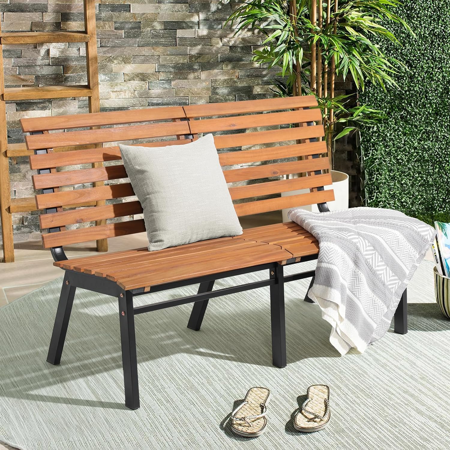 Outdoor Acacia Wood Garden Bench with Steel Legs, Patio Porch Chair ...