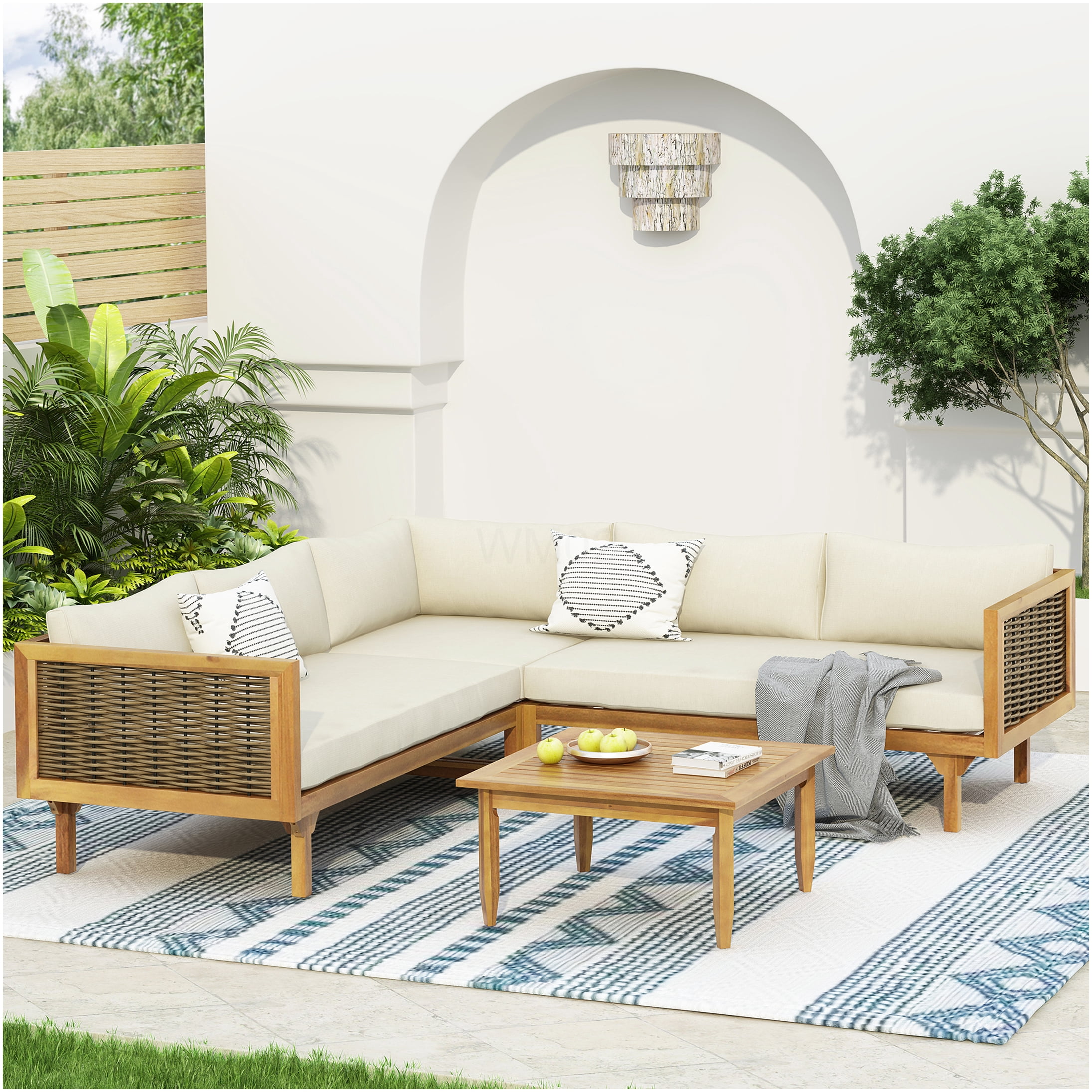 Outdoor Acacia Wood Sectional Sofa Set with Beige Waterproof Cushions ...