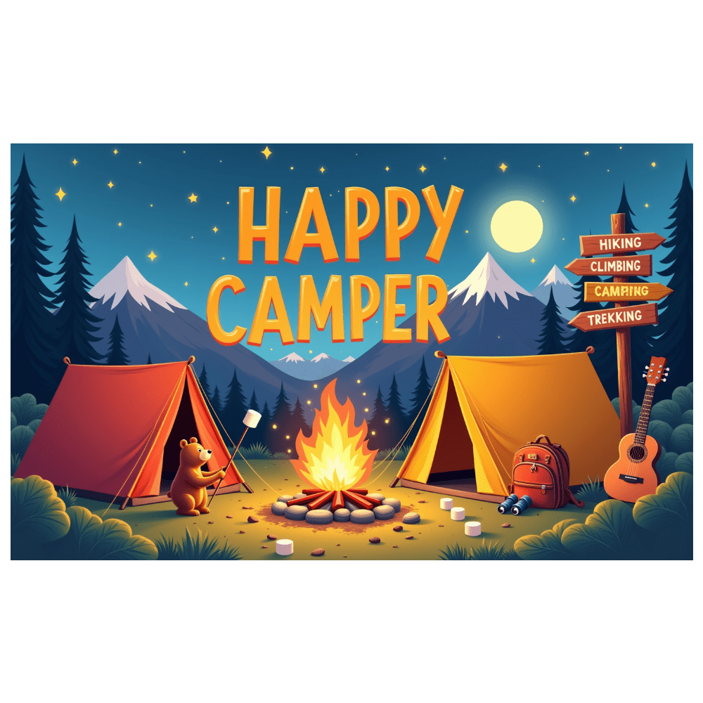 Outdoor Adventure Banner Happy Camper Tent Design Campfire Scene ...