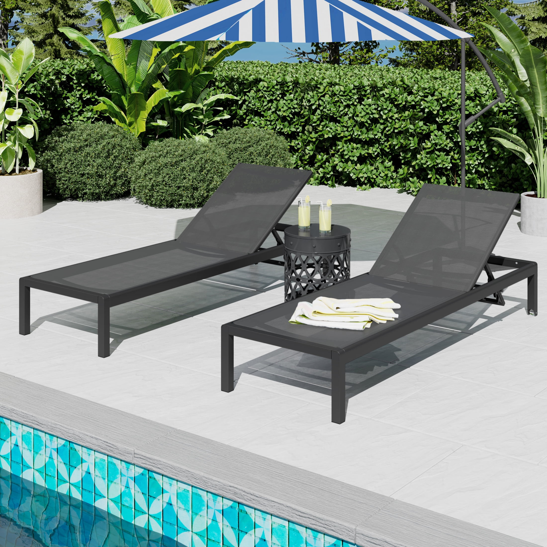 Outdoor Aluminum Mesh Chaise Lounges with Wheels and Adjustable ...