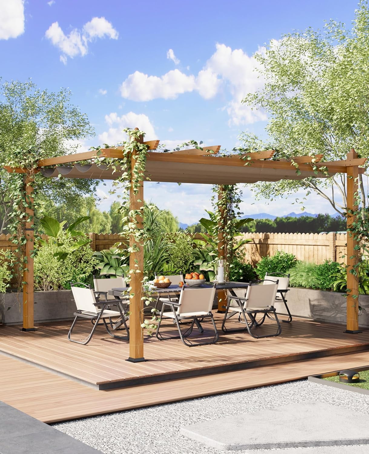 Outdoor Aluminum Pergola with Retractable Canopy, Reinforced 4-Sided ...