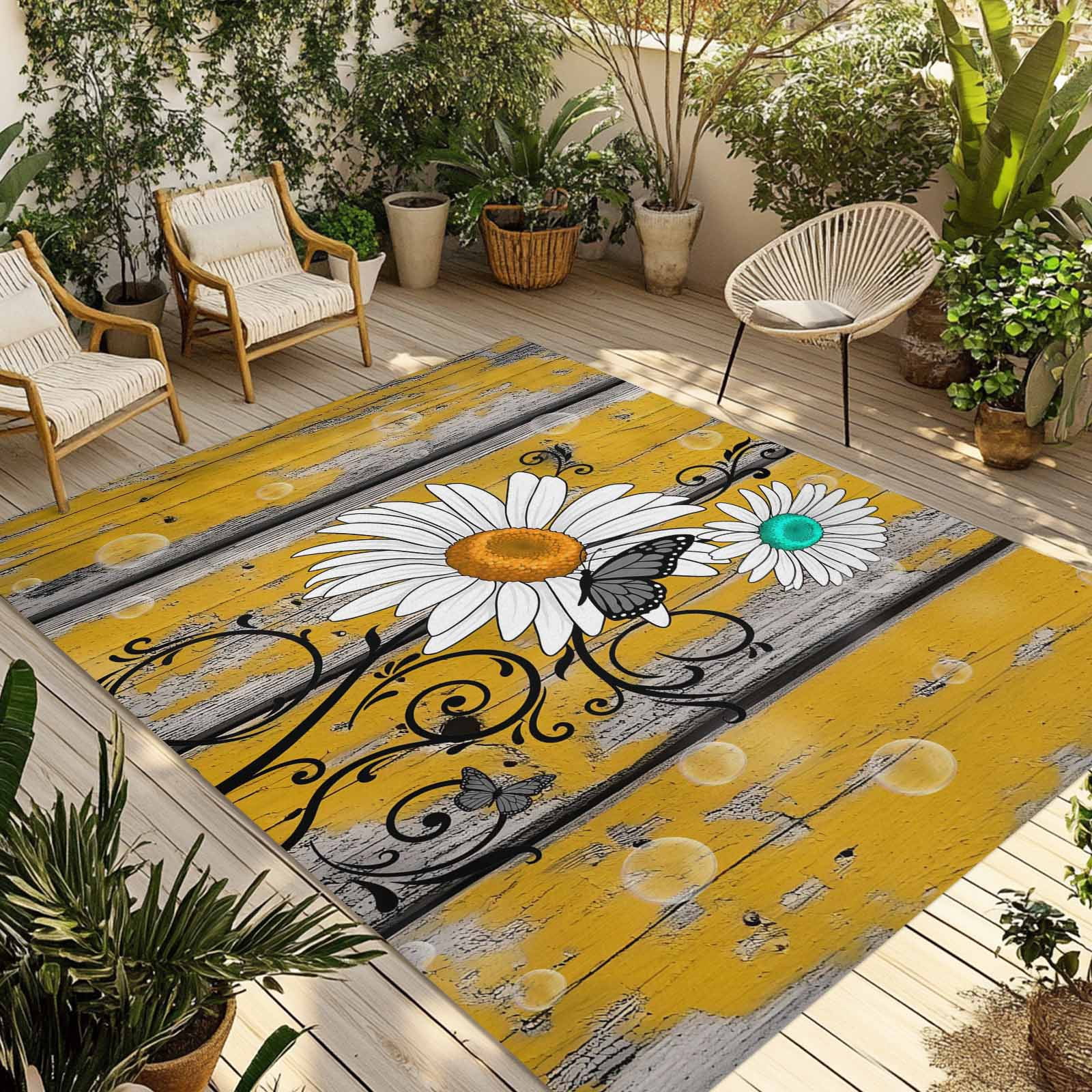 Outdoor Area Rug for Patio, Farmhouse Daisy Green Flowers Camping Rugs ...