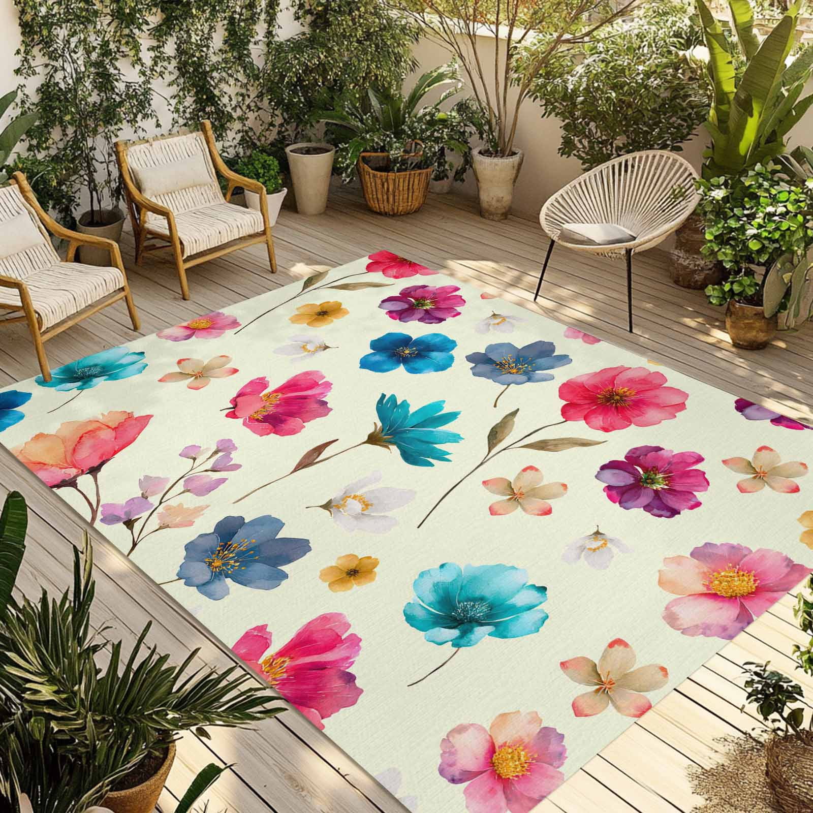 Outdoor Area Rug for Patio, Watercolor Flower on Light Yellow Camping ...